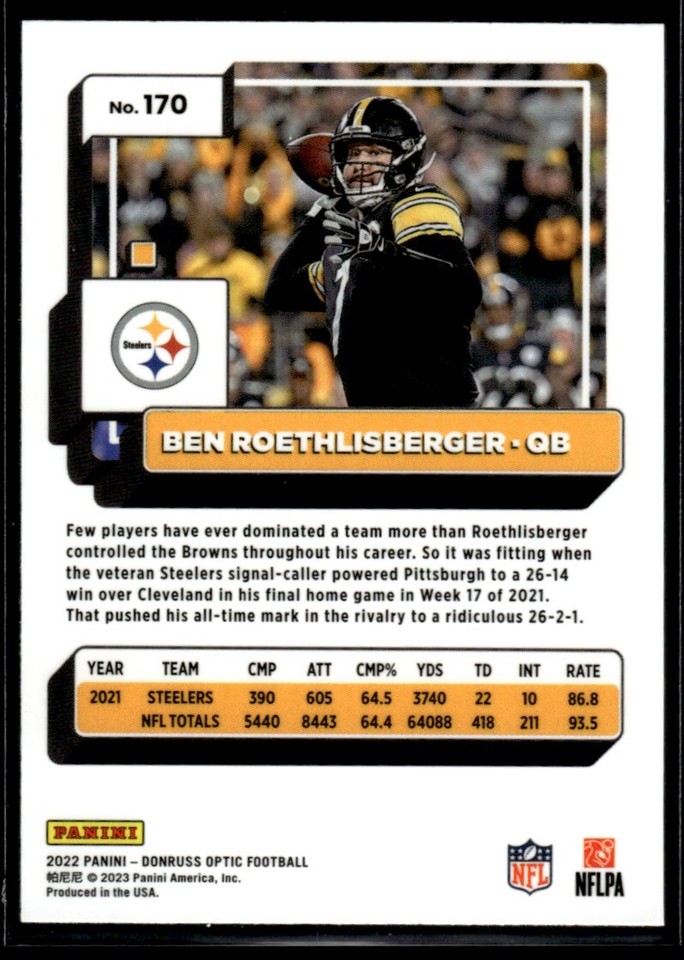 2022 Donruss Optic Ben Roethlisberger Pittsburgh Steelers #170 | eBay