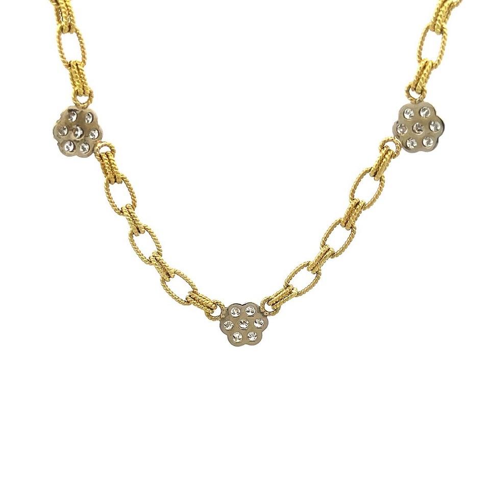 Diamond Gold Necklace Floral Motifs 18k Two Tone Wire Oval Link ...