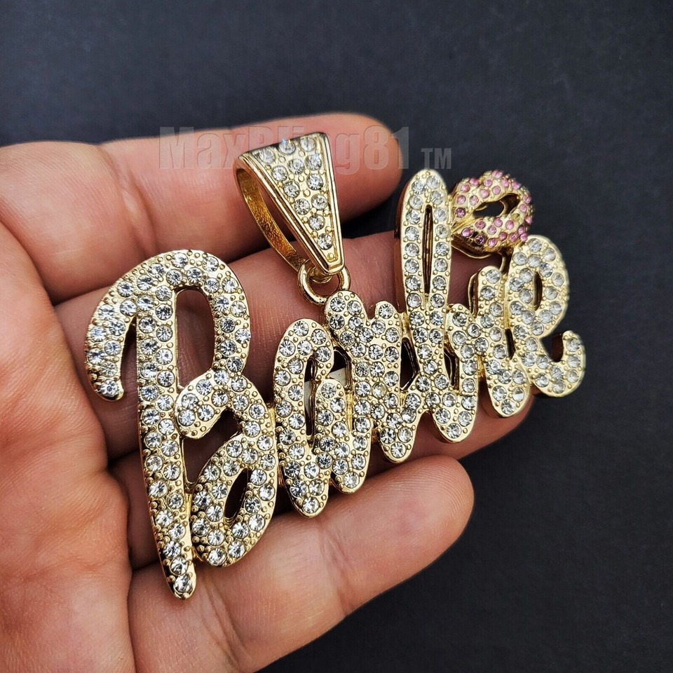 Gold Plated Large Barbie Pendant 18" Iced Flower Cubic Zirconia Chain ...