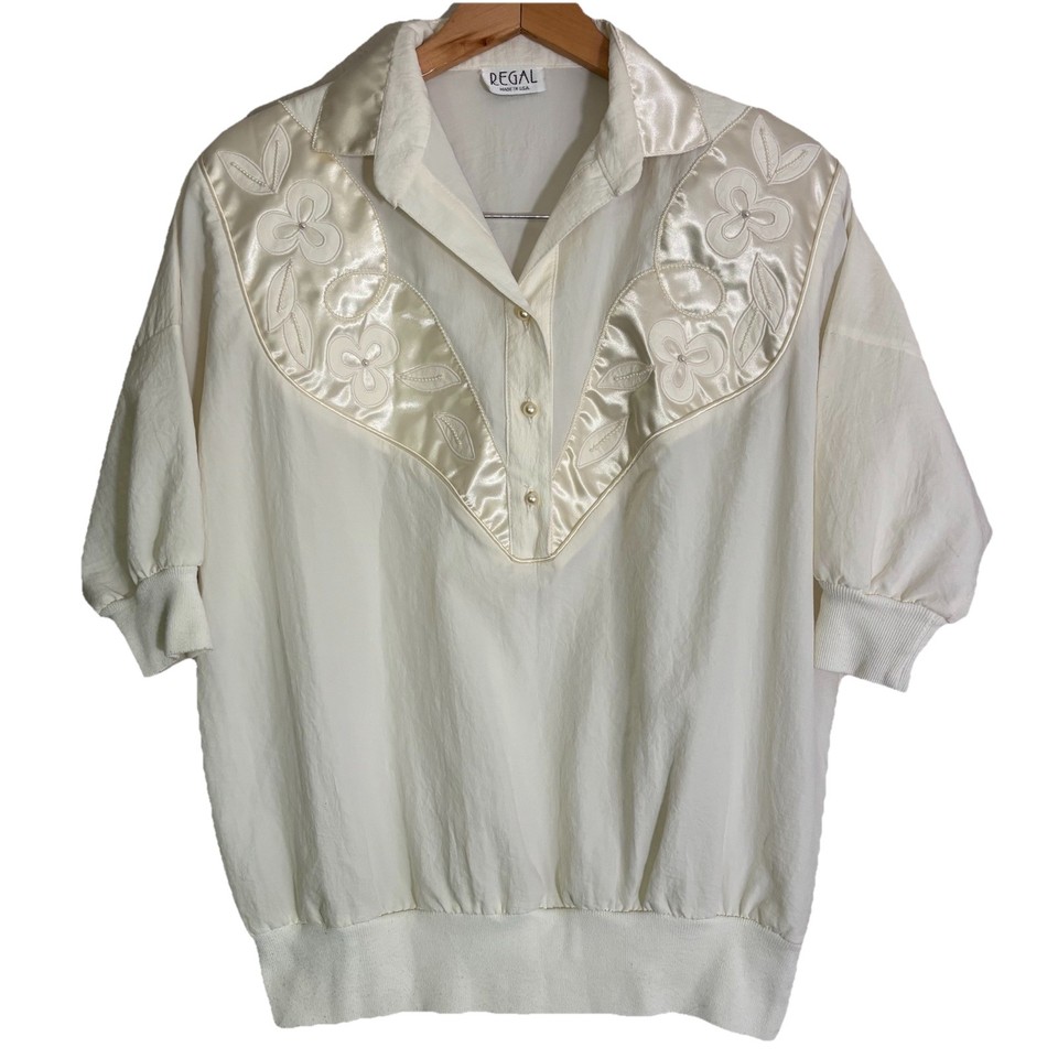 Vintage 80s Two-Piece Embroidered Blouse Skirt Set Satin Yoke Size ...