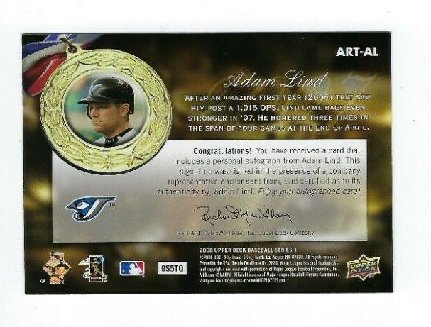 ADAM LIND 2008 UD ALL ROOKIE TEAM AUTOGRAPH CARD ART-AL UPPER DECK AUTO ...