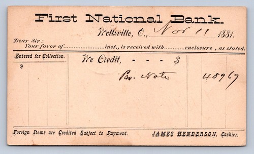 J93/ Wellsville Ohio Postcard c1881 First National Bank Statement 129 ...