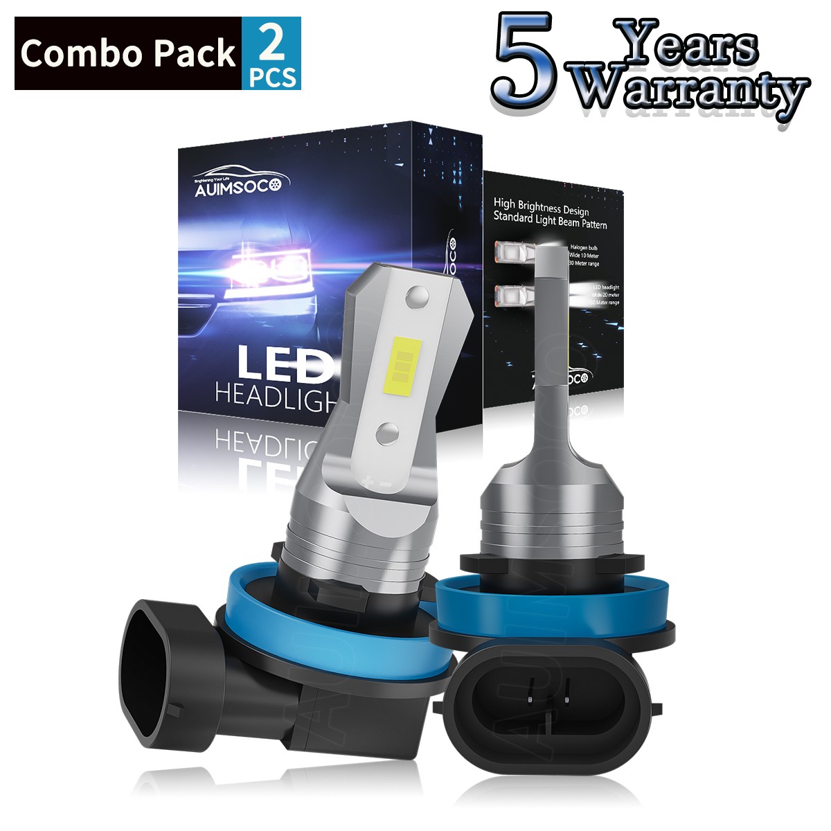 Pair H11 Low Beam LED Headlight Bulbs Kit Super Bright 1200000LM White ...