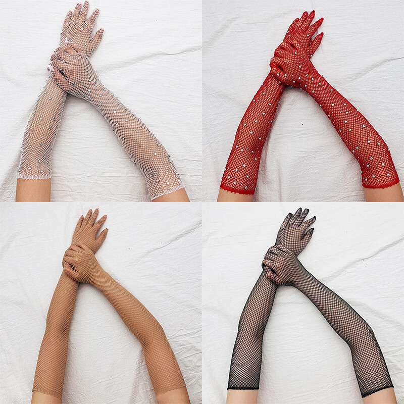 Stretch Rhinestones Long Gloves Sexy Fishnet Gloves Sexy Elastic Mesh ...