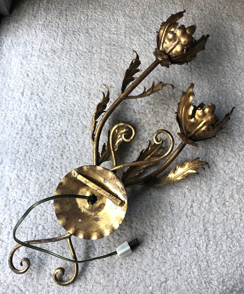 Vintage Gilt Gold Metal Double Light Fixture Sconce Globed Flowers ...
