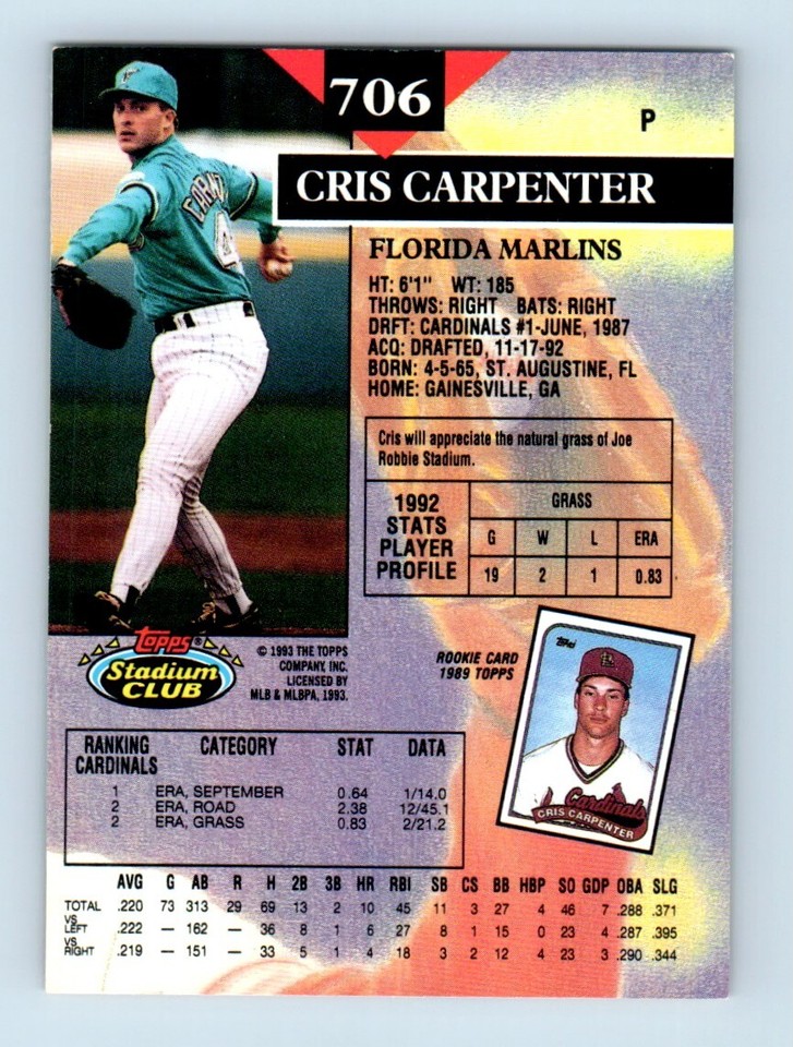 1993 Stadium Club Cris Carpenter Florida Marlins #706 | eBay