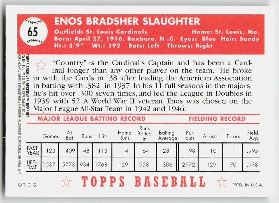 2001 Topps Archives Reserve #75 Enos Slaughter BASEBALL St. Louis ...