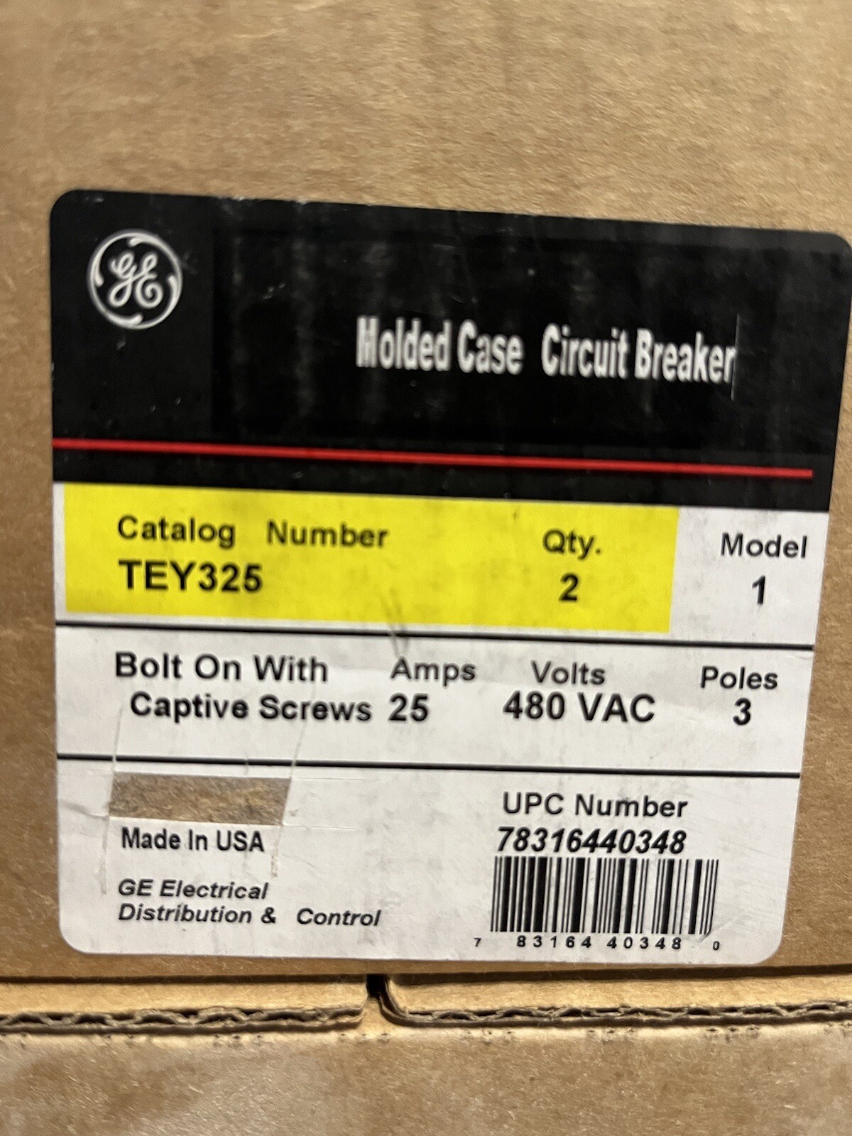 TEY325 GE ABB 3Pole 25Amp 480Volt Bolt-On TEY Circuit Breaker for sale ...