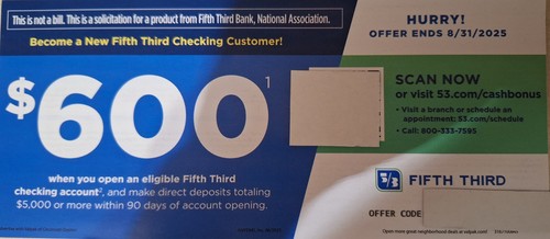 FIFTH THIRD 5/3 Bank $600 new account bonus with $5k direct deposit ...