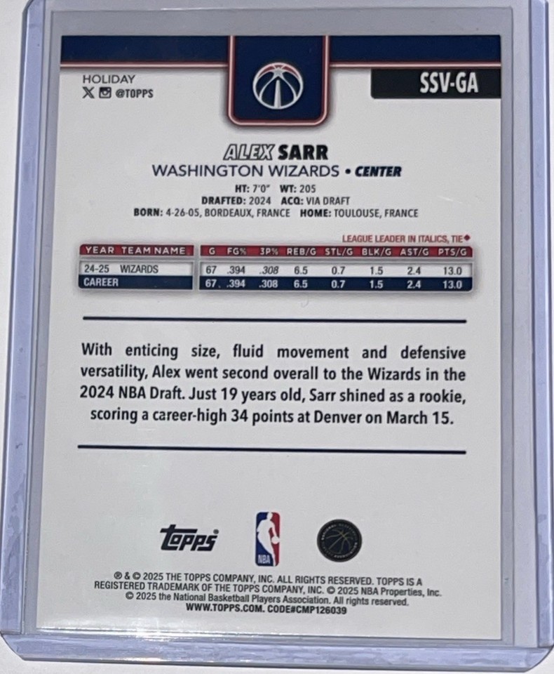 2025-26 Topps Holiday Basketball Photo Variation SP Parallel Alex Sarr ...