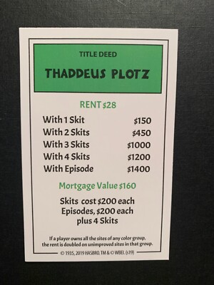 Monopoly Animaniacs THADDEUS PLOTZ Title Deed Card 2019 GAME ...