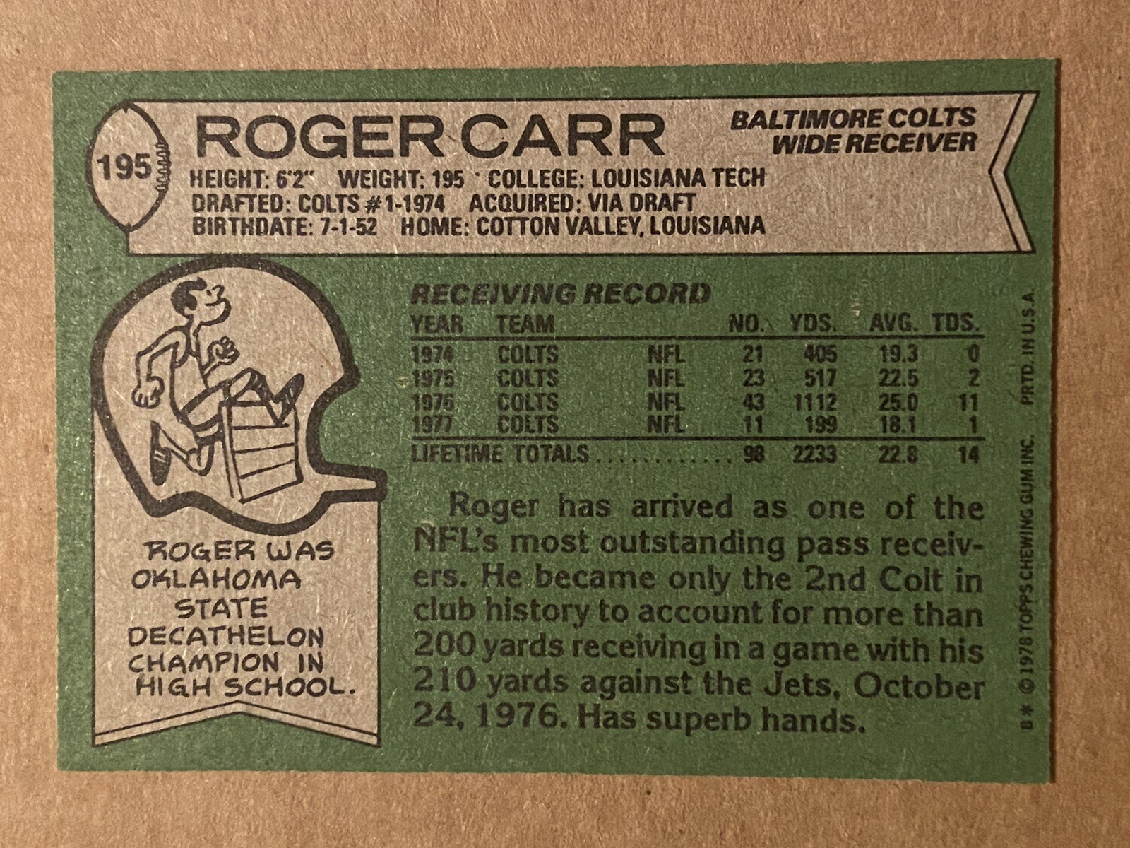 ROGER CARR Signed 1978 Topps #195 Baltimore Colts LA Tech Bulldog ...