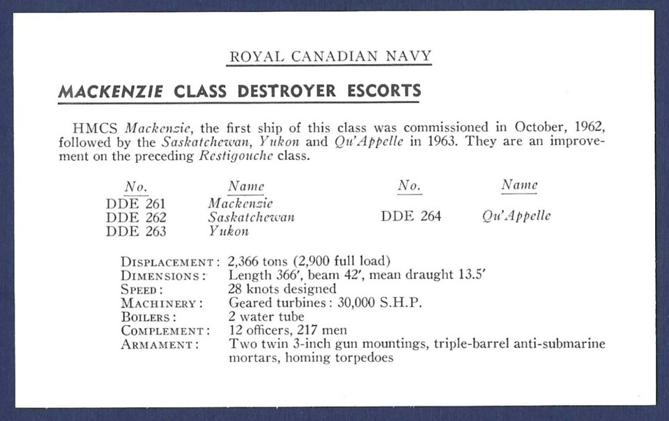 HMCS MACKENZIE DDE-261 Royal Canadian Navy Destroyer Escort Collectible ...