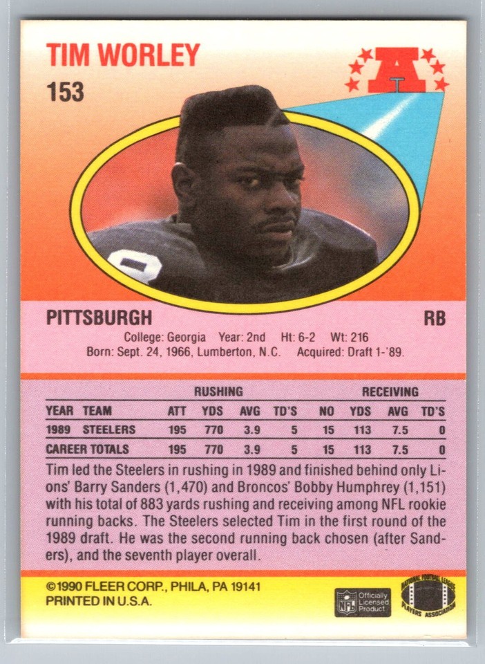 Tim Worley 1990 Fleer FOOTBALL #153 Pittsburgh Steelers | eBay