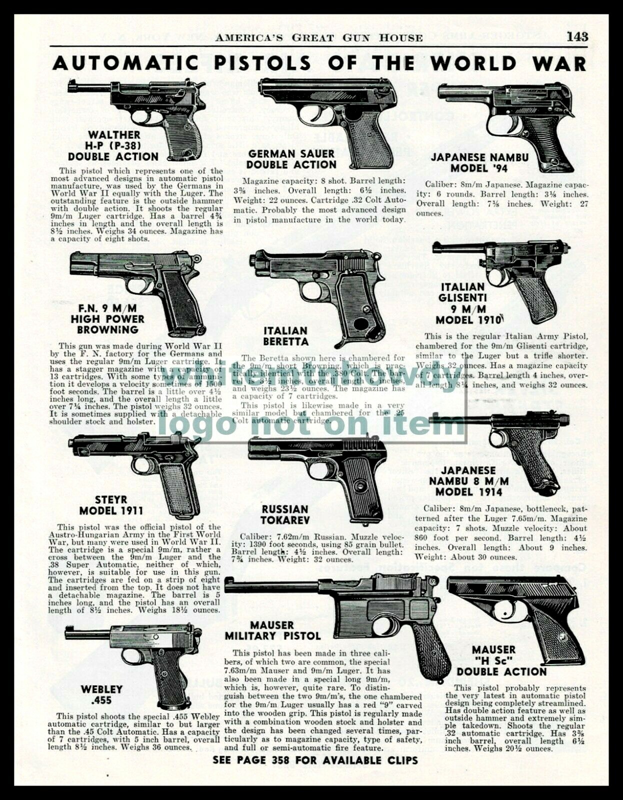 1953 Automatic PISTOLS of the WORLD WAR WWII German Japanese Italian 12 ...