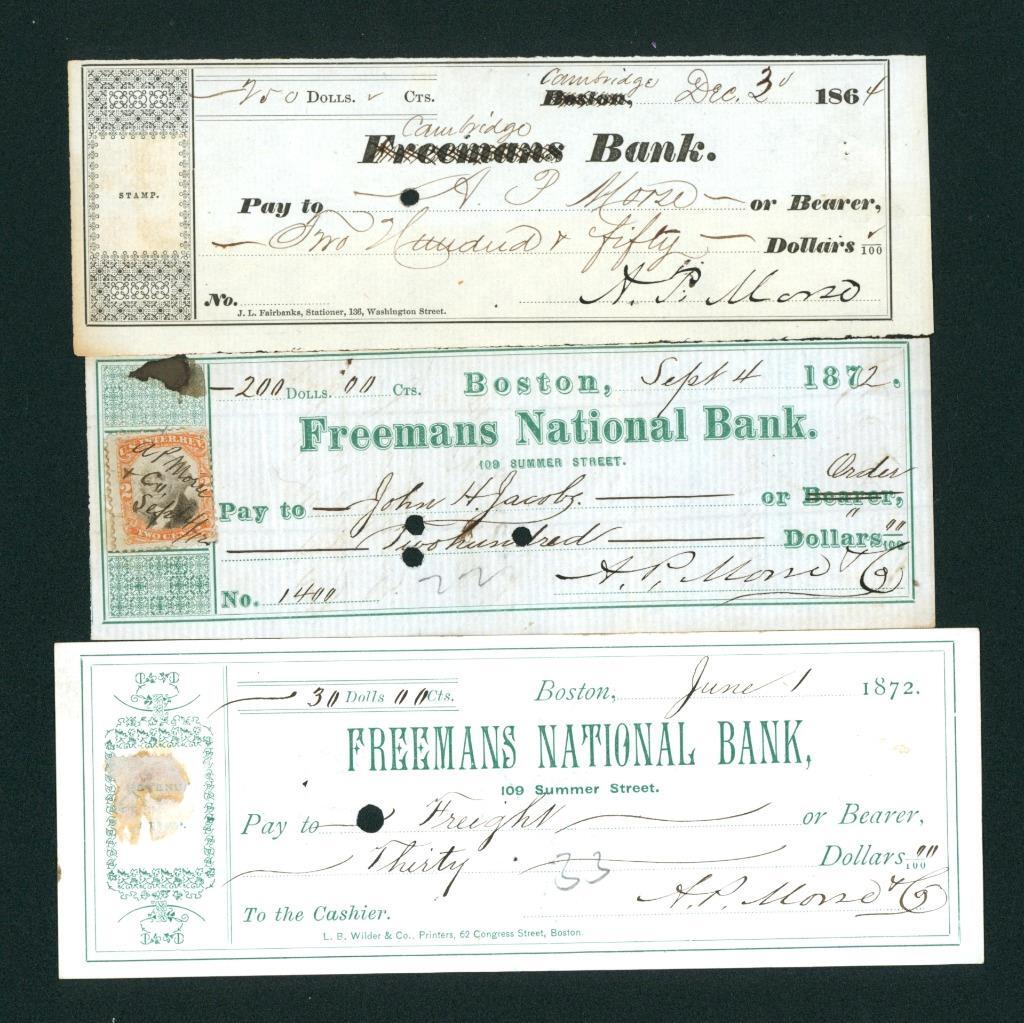 (3 CHECKS) $250 / $200/ $30 1864 / 1872 Freemans National ((BANK CHECK ...