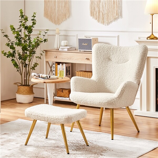 Yaheetech Accent Chair and Ottoman Set Fuzzy Sherpa Armchair with ...