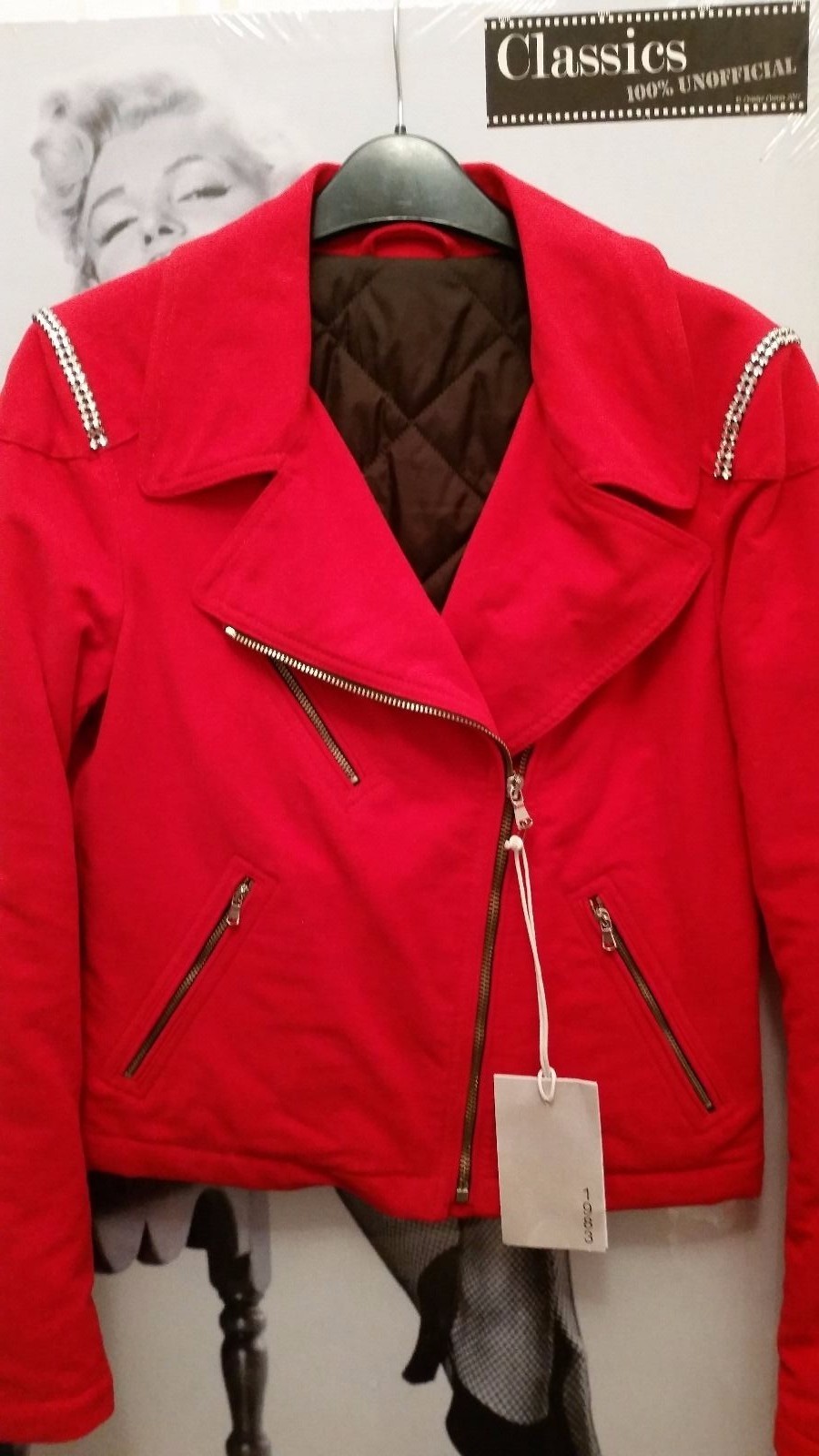 WOMEN BIKER BRIGHT RED VELOUR JACKET/COAT"1983" DECO SWAROVSKI CRYSTALS ...