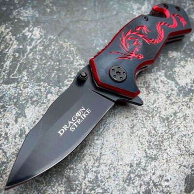 6" Tactical Fantasy Dragon Spring Assisted BLACK RED Rescue Folding ...