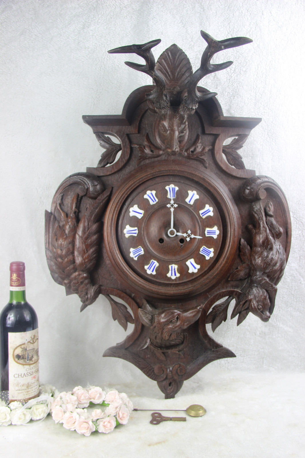 Huge German Black forest oak wood carved hunting trophy Deer dog head ...