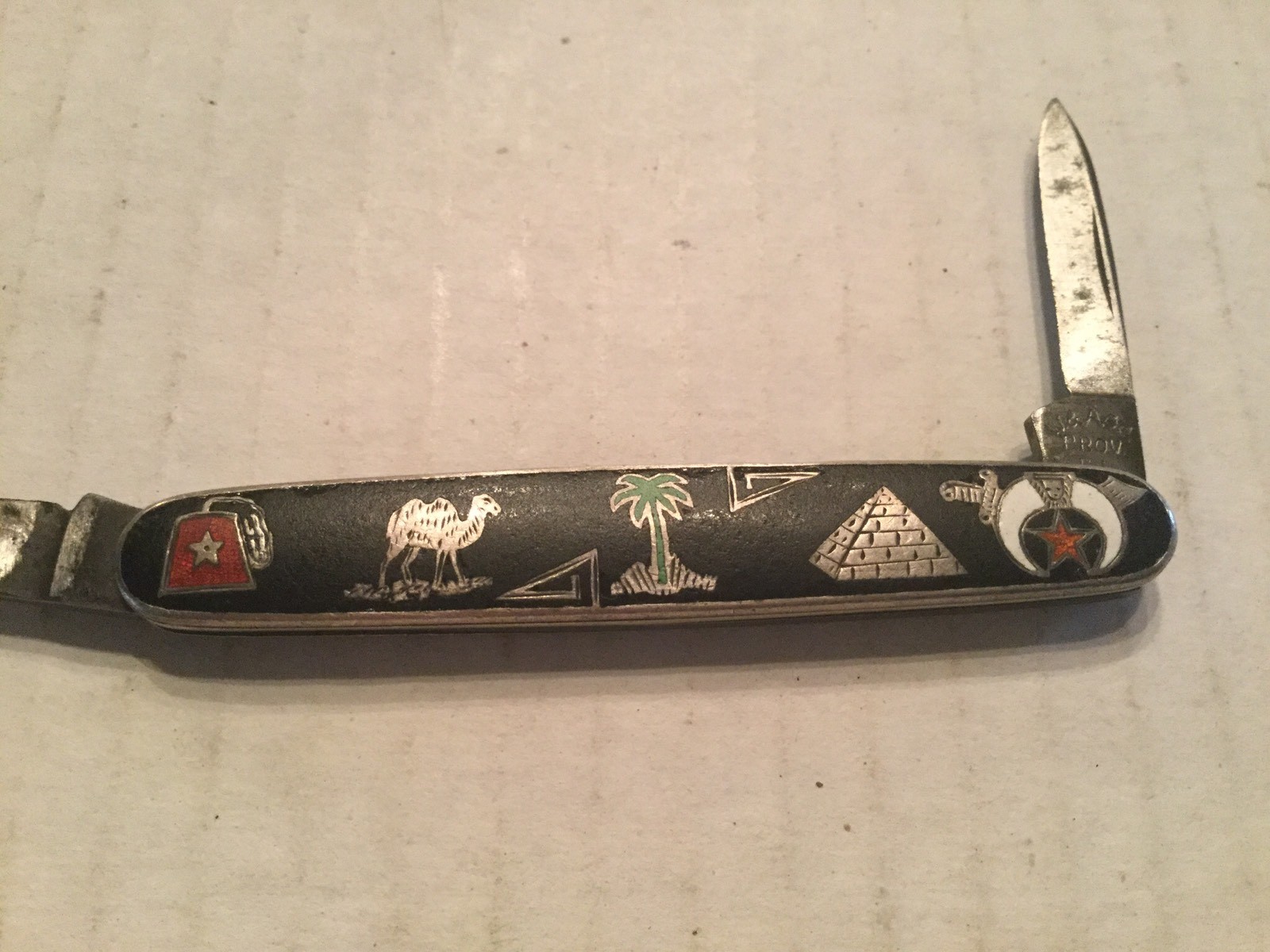 Vintage Masonic Folding Knife Enamel Pyramid Camel Palm Tree Masonic ...