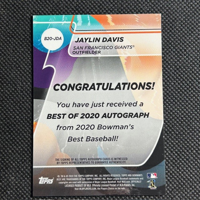 JAYLIN DAVIS 2020 BOWMANS BEST AUTO RC #B20-JDA SAN FRANCISCO GIANTS ...