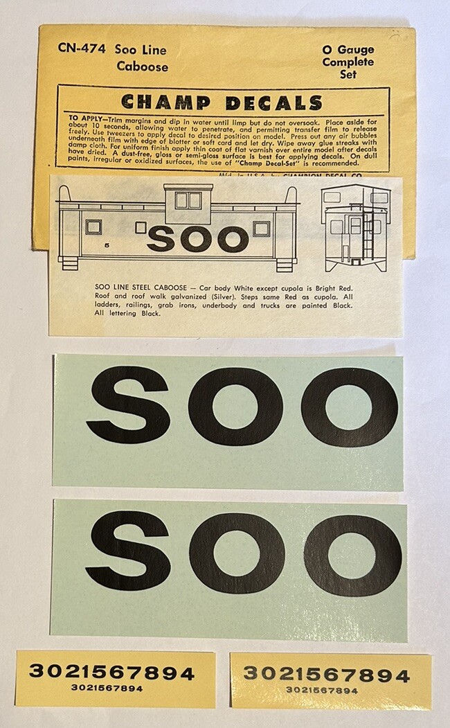 CHAMP O SCALE DECAL-SOO LINE CABOOSE-WHITE w/BLACK LETTERING - #CN-474 ...