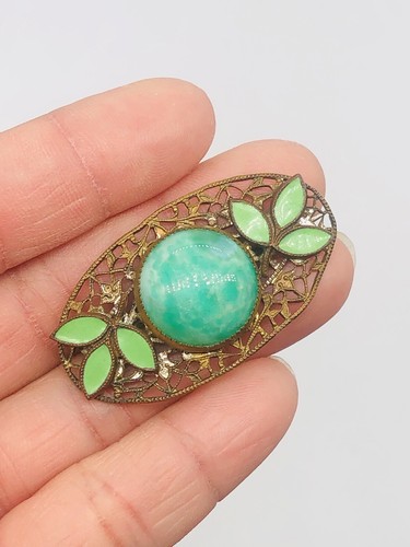 Vtg Czech? Green Jade? Glass Gemstones Enameled Filigree C Clap Pin ...