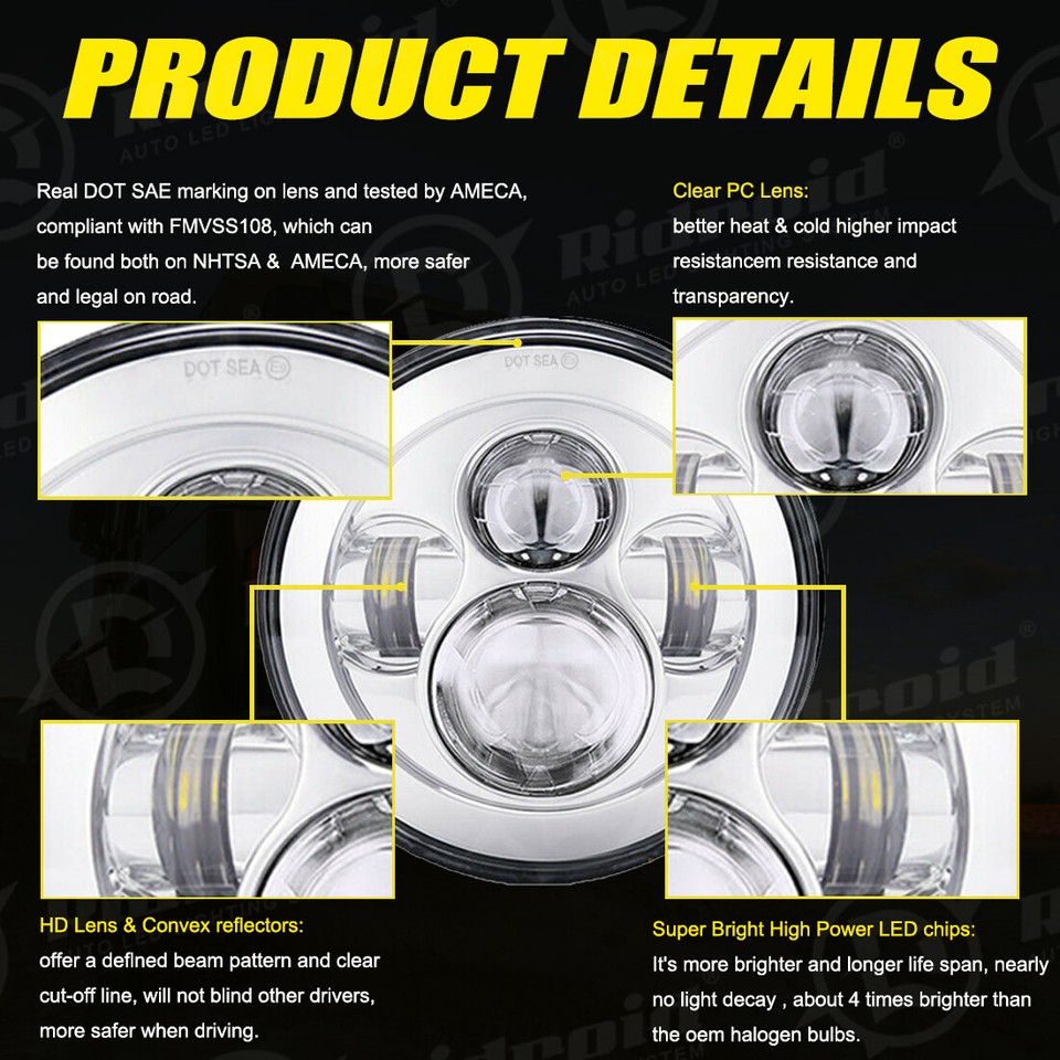 Pair 7" inch Round Led Headlights Hi/Lo Beam for Mack Granite CV713 ...
