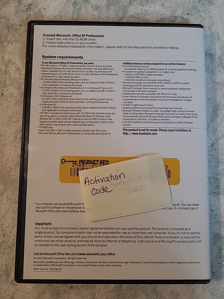 MICROSOFT OFFICE XP Professional Pro1 Home Use License 2002 Version W ...