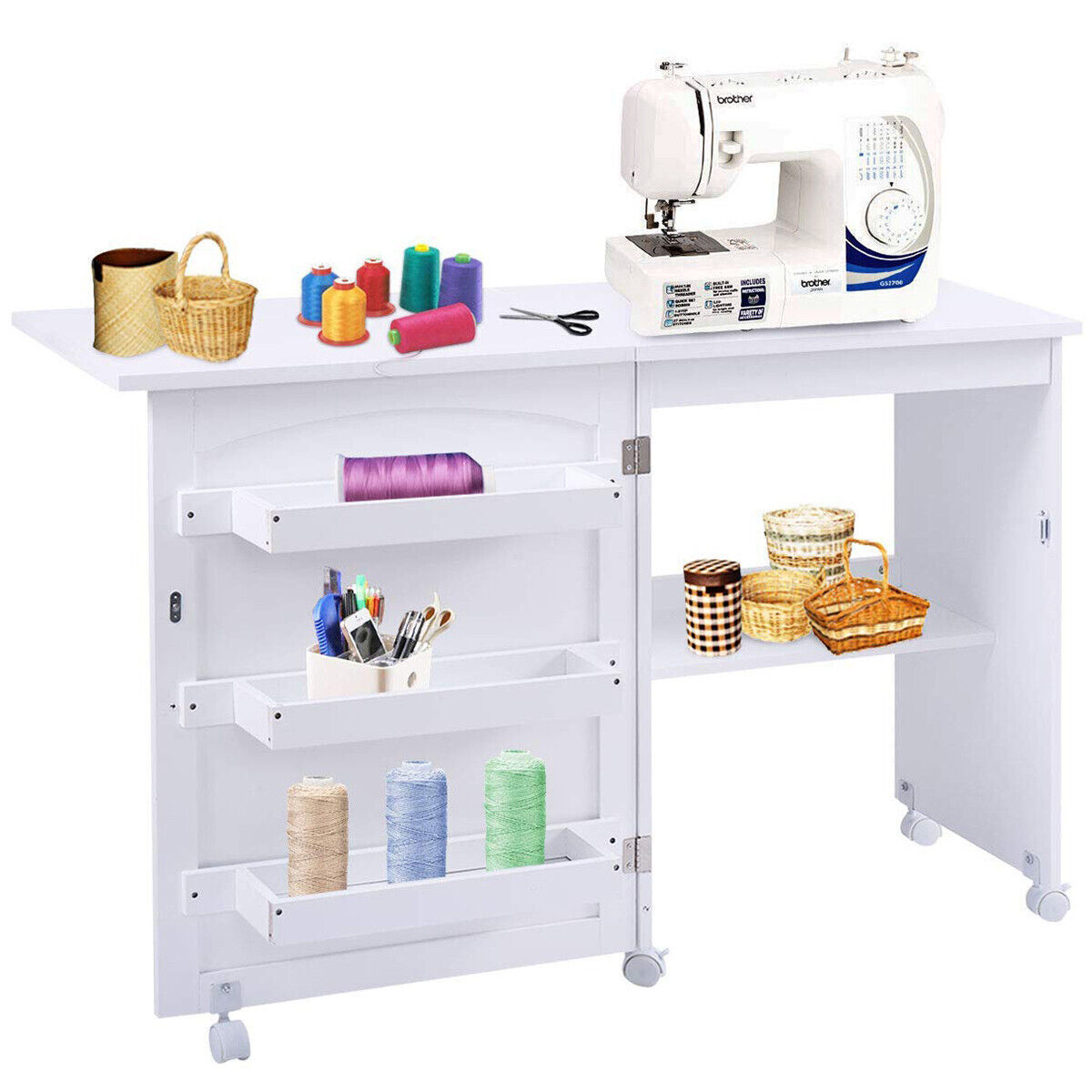 2-In-1 Folding Rolling Sewing Machine Table Movable Sewing Desk Craft ...