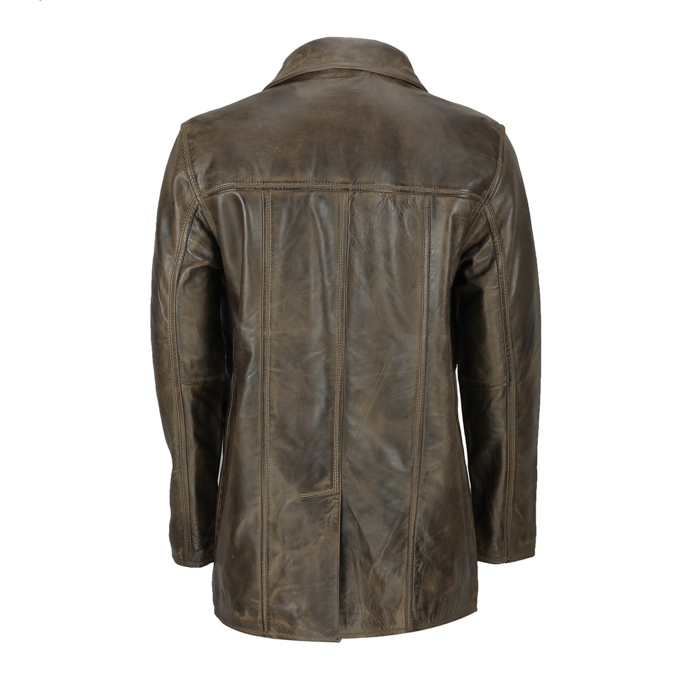 Mens Retro Style Real Leather Reefer Jacket Mid Length Coat in Antiqued ...