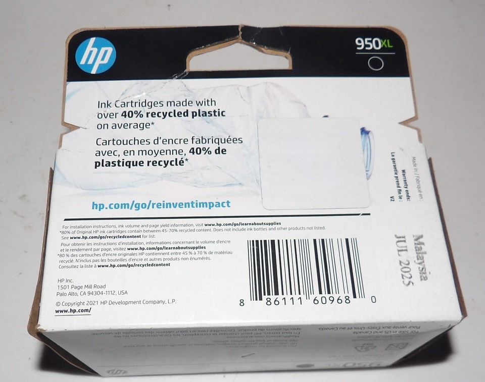 Genuine HP 950 XL Black Ink Cartridge 950XL - CN045AN#140 Dated July ...