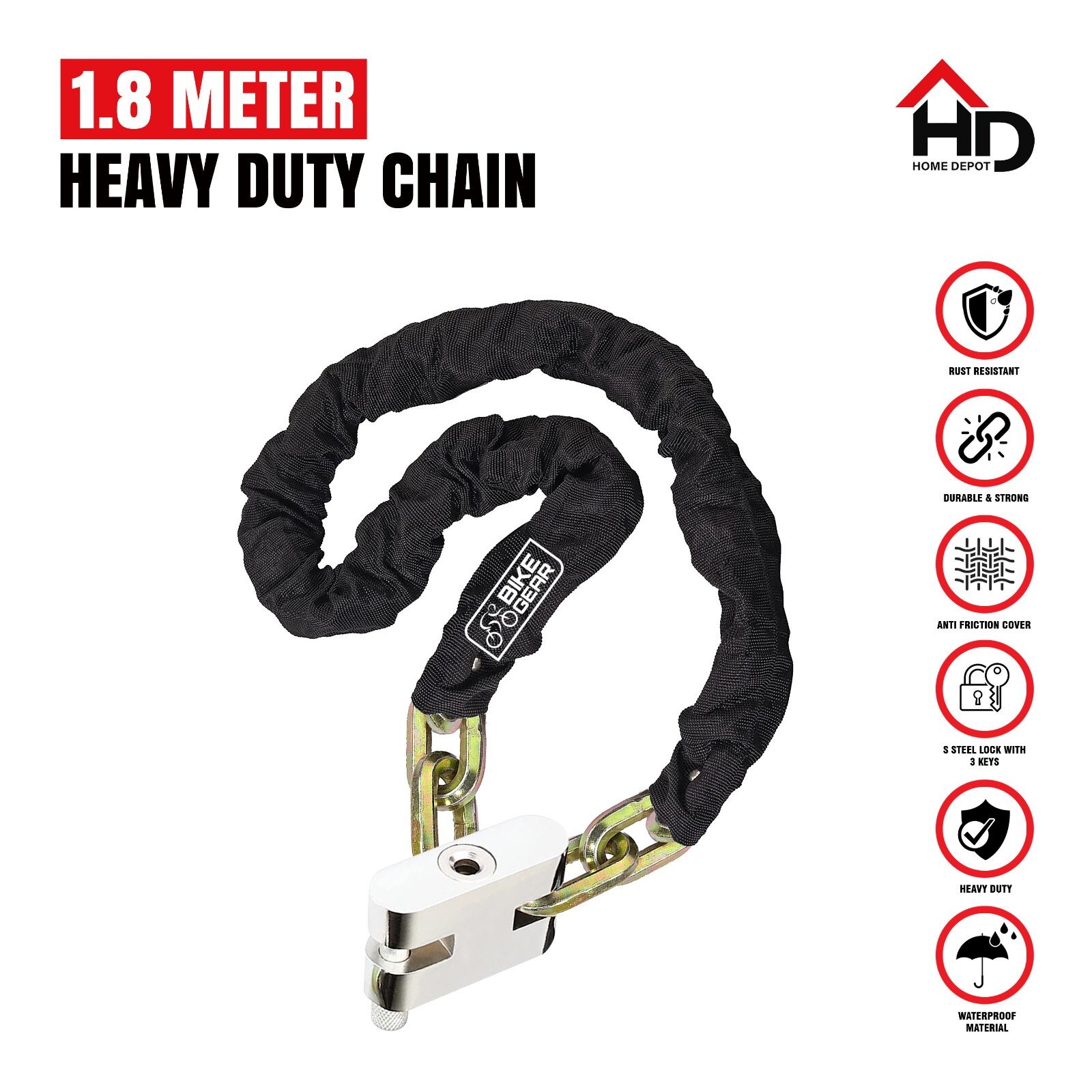 Heavy Duty Bike Chain Padlock Lock Steel Motorbike BicycleSecurity 1.8M ...