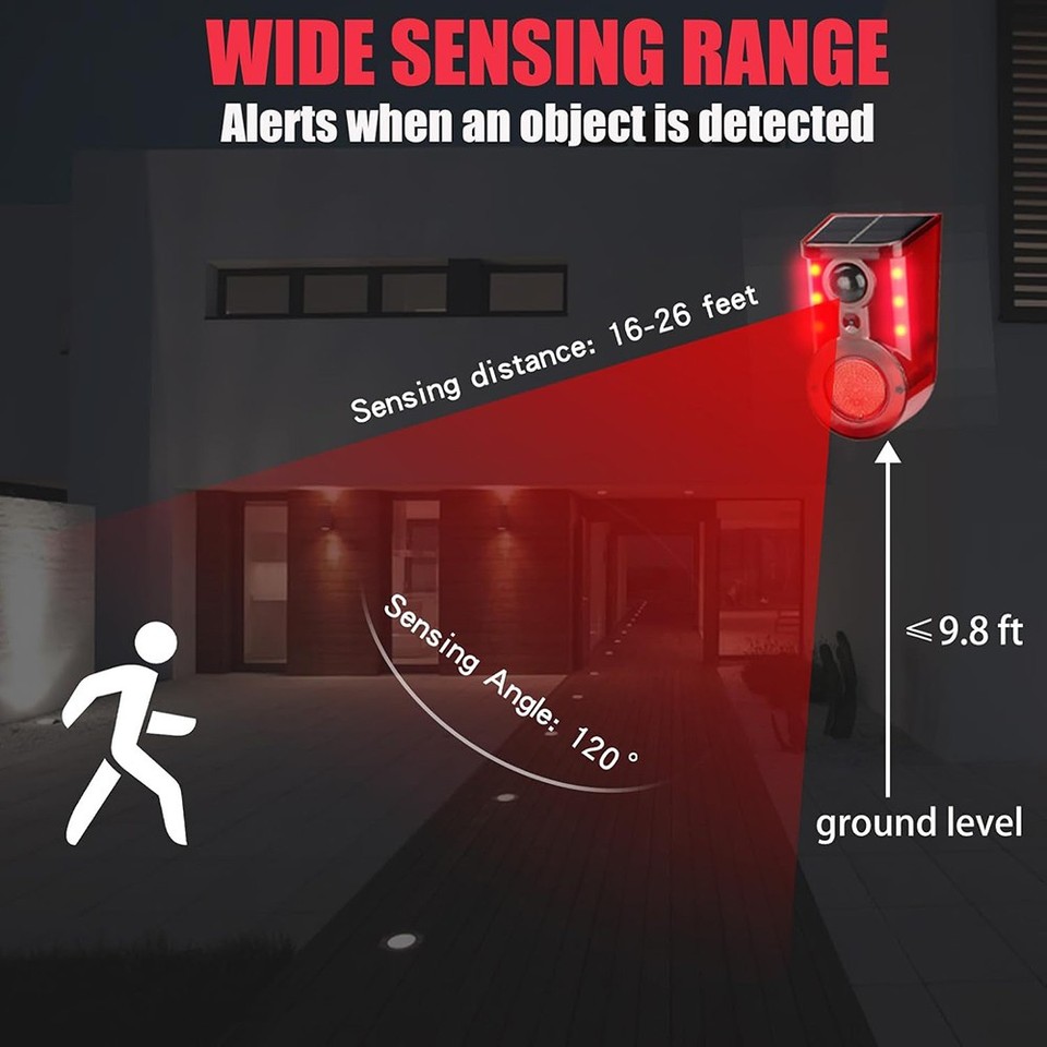 129dB Solar Motion Sensor Alarm Infrared Siren Strobe Light Home Garden ...
