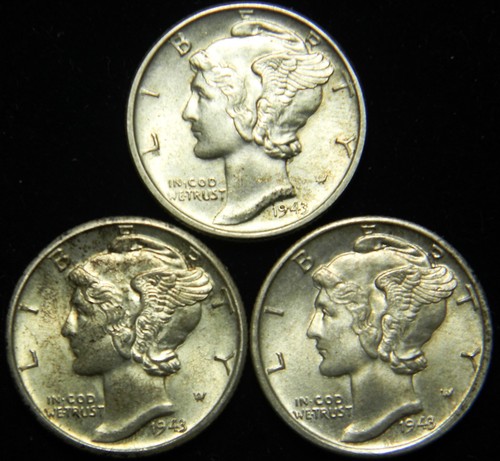1943 PDS YEAR SET OF MERCURY SILVER DIMES, ALL CHOICE BU W/ FULL SPLIT ...