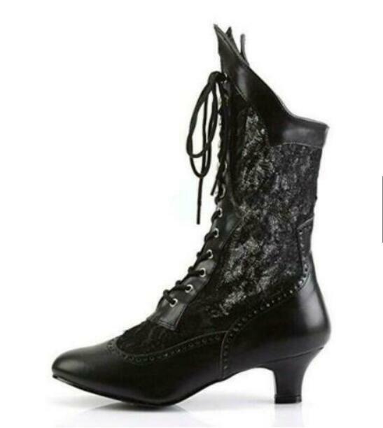Women's Pointed Toe Mid-Calf PU Leather Boot Rustic Punk Lace Up Ankl ...