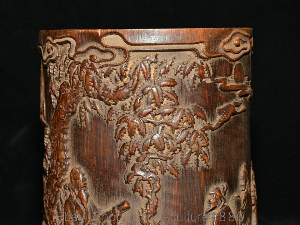 6" Old China Boxwood Painting Carved People Person Pattern Brush Pot ...