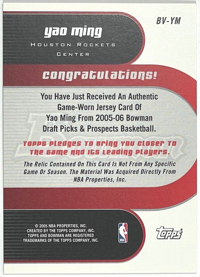 2005-06 Bowman Draft Picks Bravo! Yao Ming 姚明 GU Jersey Patch SP BV-YM | eBay