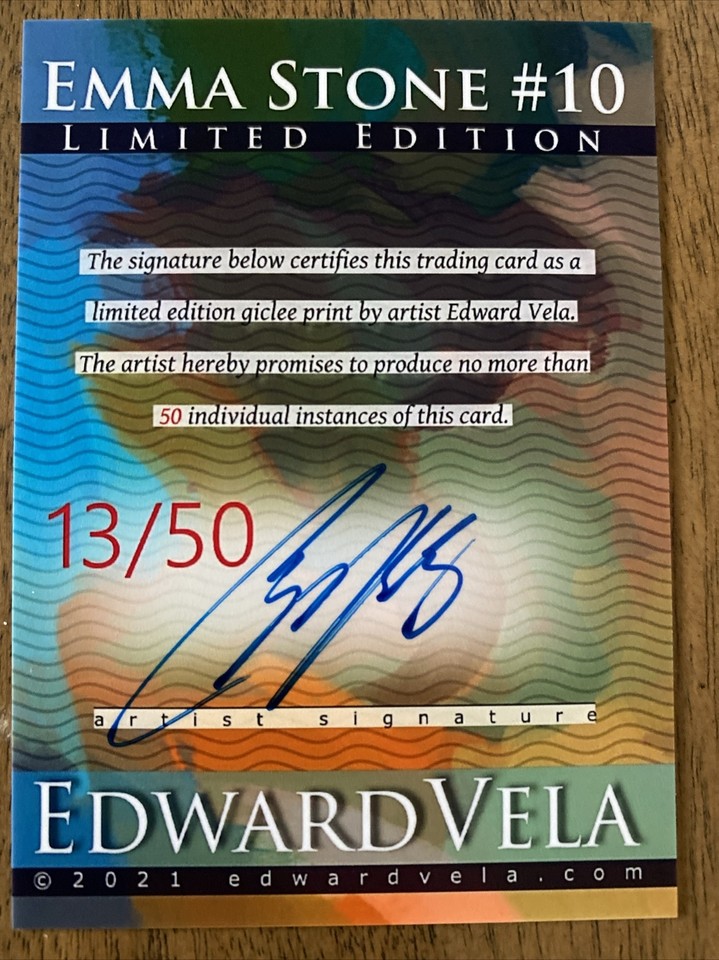 Emma Stone #10 Art Card Limited Numbered xx/50 Edward Vela Signed 2021 ...