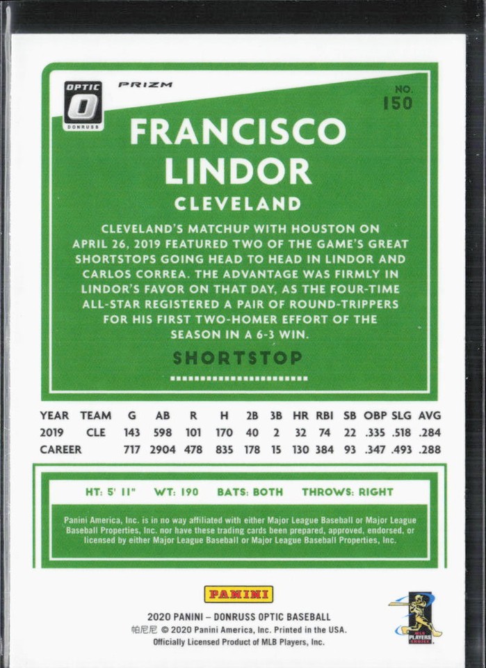 2020 Donruss Optic #150 Francisco Lindor Lime Green Cleveland Indians ...