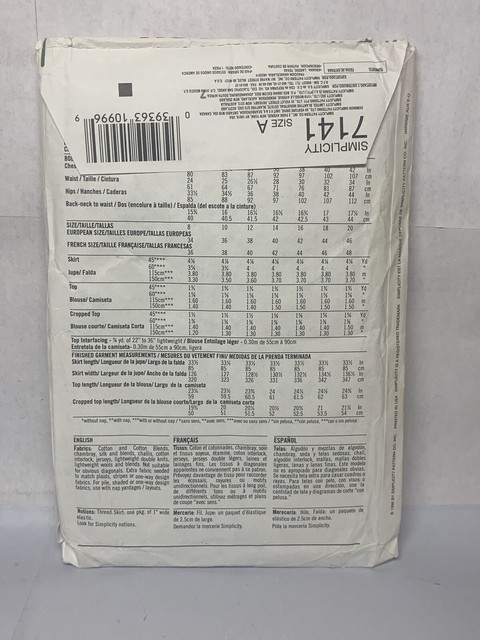 Simplicity Pattern 7141 Misses Top Skirt Size a 8 to 20 for sale online ...