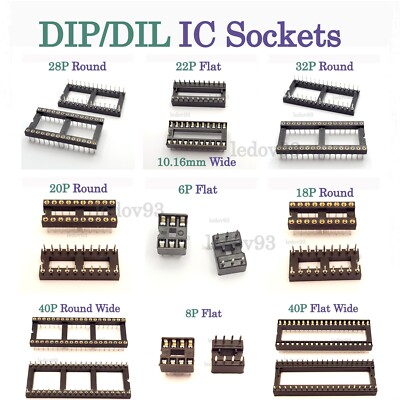 DIP DIL Sockets 0.1 inch 2.54mm Pin Pitch IC Adaptor Solder Type Row ...