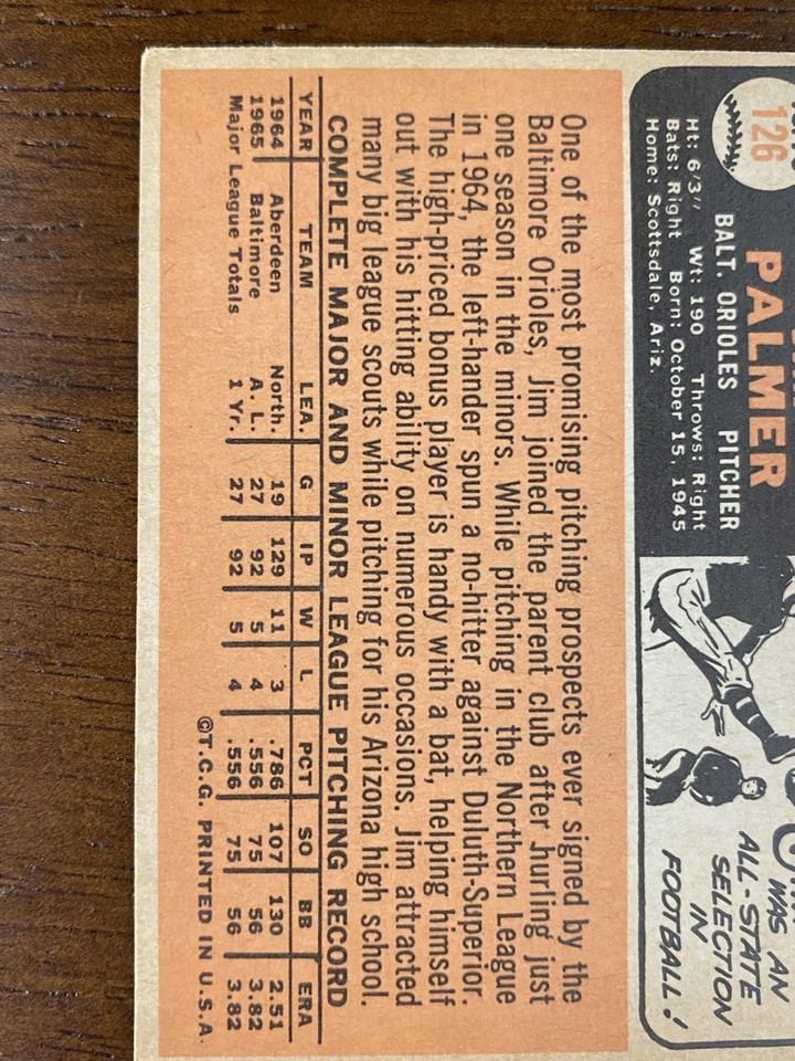 1966 TOPPS JIM PALMER ROOKIE RC BASEBALL CARD #126 VG-EX READ DESC | eBay