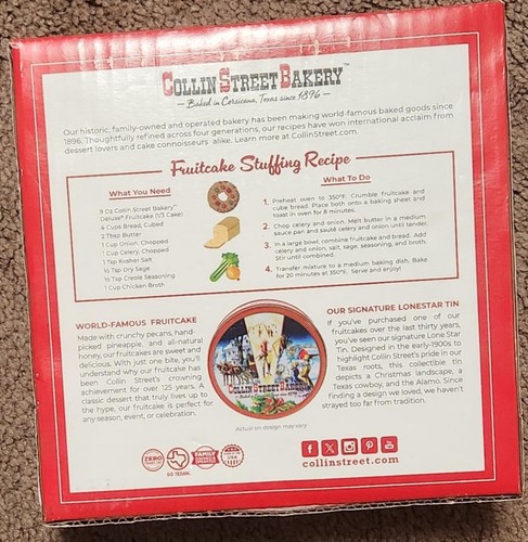 Collin Street Bakery-Texas-Fruit Cake-in Gift Tin Sealed-Net Wt: 30 oz ...