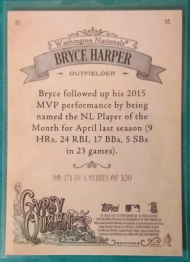 2017 TOPPS GYPSY QUEEN BRYCE HARPER #171 WASHINGTON NATIONALS WAS MVP ...