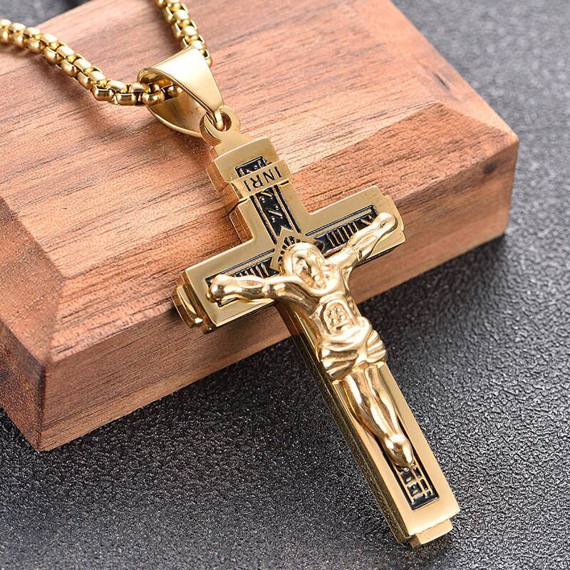 Mens Titanium Gold Cross Catholic Crucifix Pendant Necklace Three Color ...