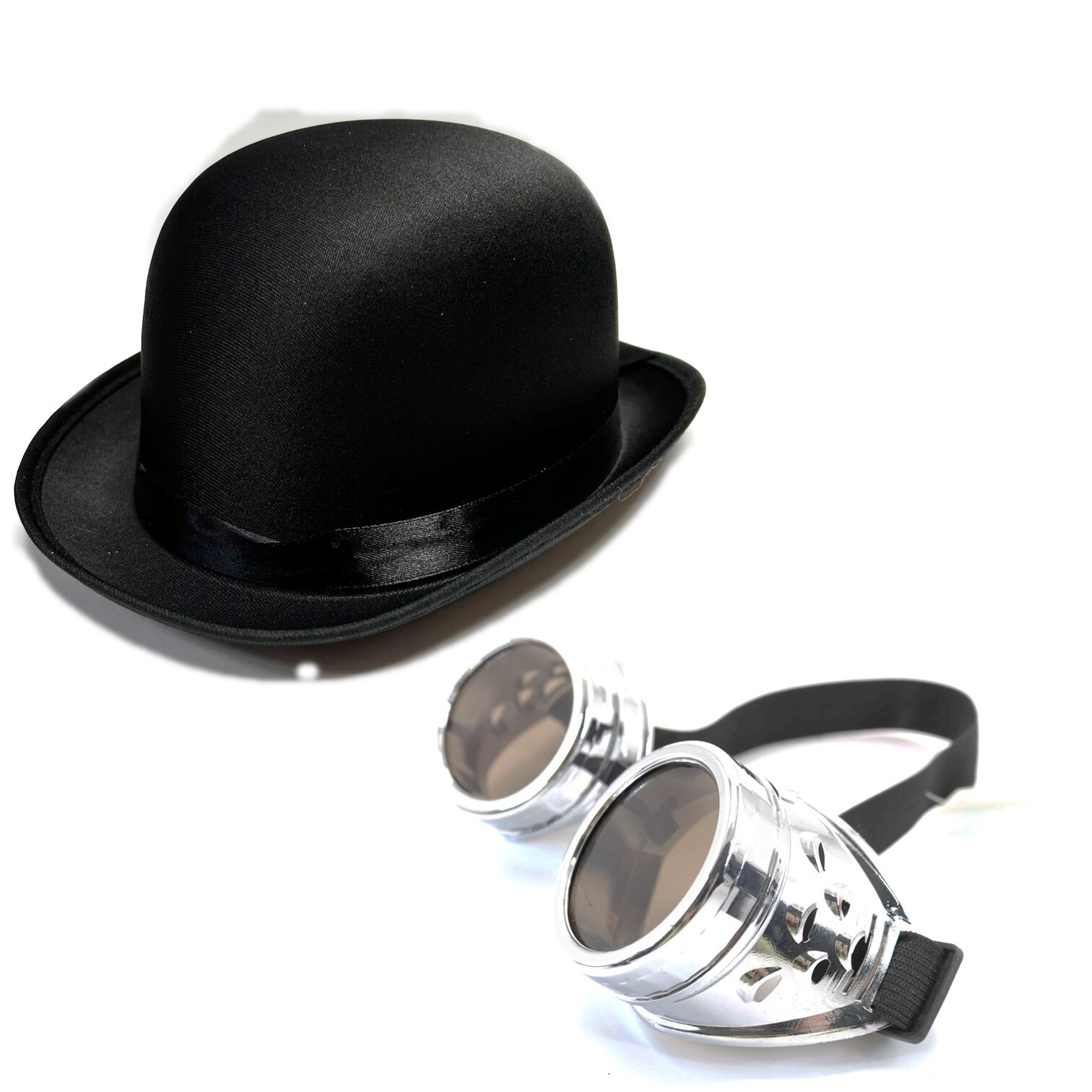 Black Bowler Hat & Silver Goggles Bundle Set Steampunk Victorian Fancy ...