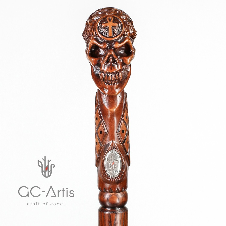 Skull Wooden Walking Stick Cane Hiking Staff Hand Carved Ankh Cross ...