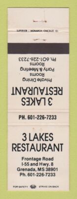 Matchbook Cover - 3 Lakes Restaurant Grenada MS WEAR | eBay